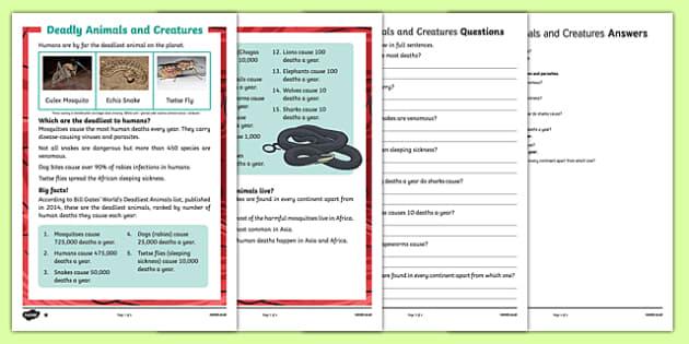 Deadly Animals and Creatures Differentiated Reading Comprehension Activity