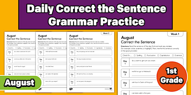 First Grade August Daily Correct the Sentence Grammar Practice