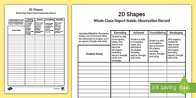 2D Shapes EYLF Assessment Rubric/Guide to Making Judgement
