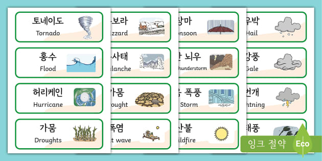 자연 재해 단어 카드 Natural Disasters Word Cards (Korean & English)