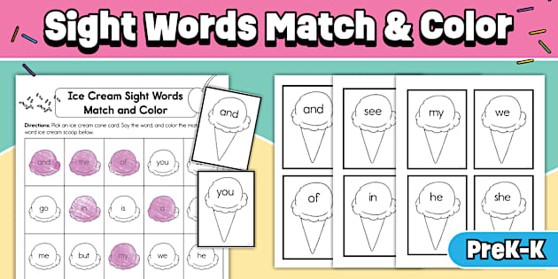 Ice Cream Sight Words Match and Color Worksheet for PreK-K