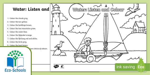 Eco-Schools Water Listen and Colour Activity Sheet - Twinkl