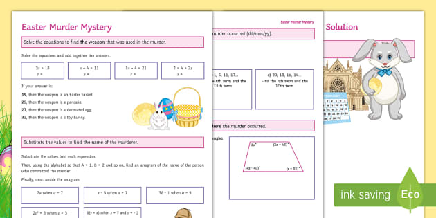 Easter Murder Mystery (Algebra) Worksheet / Worksheet