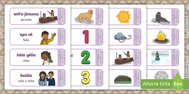 Tarjetas de Vocabulario Yagán Español - Twinkl