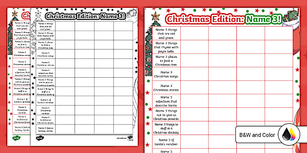 Christmas Edition: Name 3 Game Sheet for 3rd-5th Grade