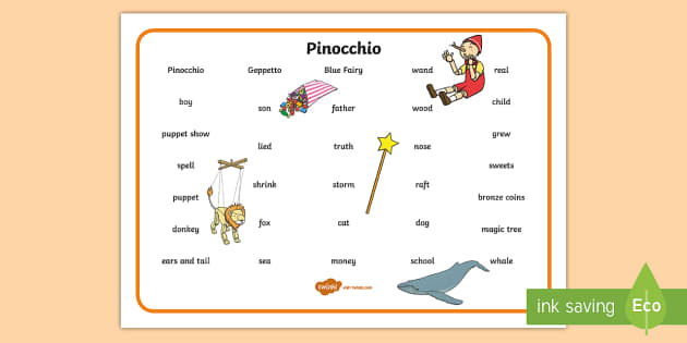 Pinocchio Word Mat (Text) (teacher made) - Twinkl