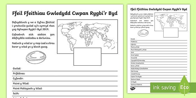 Ffeil Ffeithiau Gwledydd Cwpan Rygbi'r Byd (teacher made)