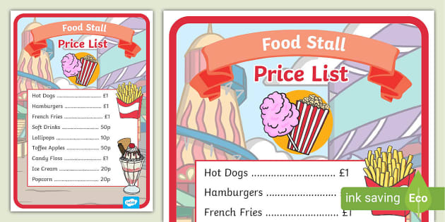 The Fairground Food Stall Role Play Price List