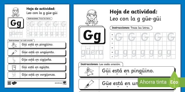 Hoja de actividad: Leo con la g güe-güi - Twinkl