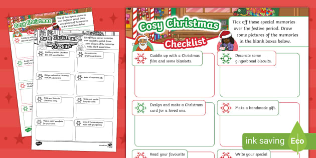 Cosy Christmas Checklist Worksheet (teacher made) - Twinkl