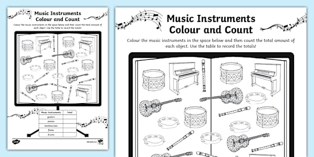 Music Instruments Colour and Count Worksheet - Twinkl