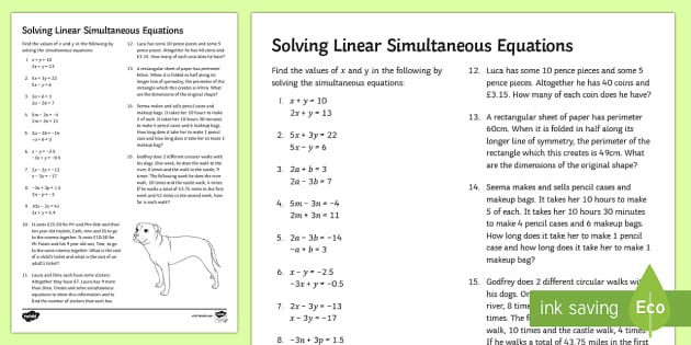 Solving Linear Simultaneous Equations Worksheet / Worksheet - Substitution