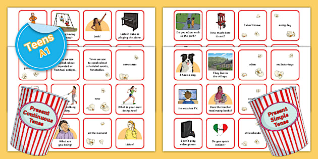 ESL Grammar Popcorn Sorting Game: Present Simple and Continuous [Teens, A1]