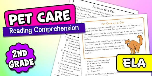 Second Grade Pet Care of a Cat Reading Passage Comprehension Worksheet