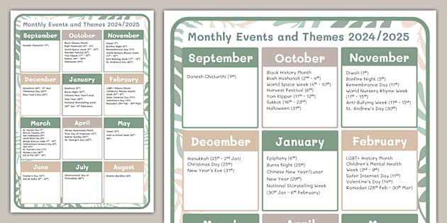 Editable Botanical-Themed Monthly Events and Themes Planner 2024/2025 ...