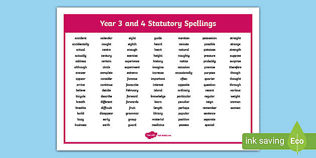 Statutory Spellings Years 3 And 4 Spelling Test Words Mat