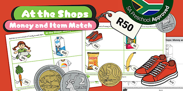 Preschool: At the Shops-Money and Item Match- Activity Sheet