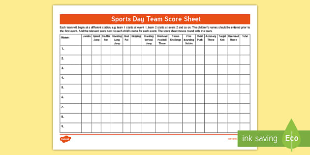 Sports Day Team Score Sheet - sports day, score, score sheet, recording ...