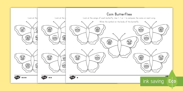 Coin Butterflies Greater Than or Less Than Activity
