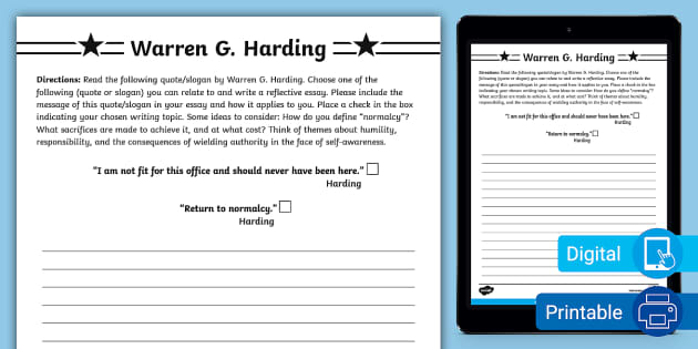 Eighth Grade Warren G. Harding Writing Connection - Twinkl