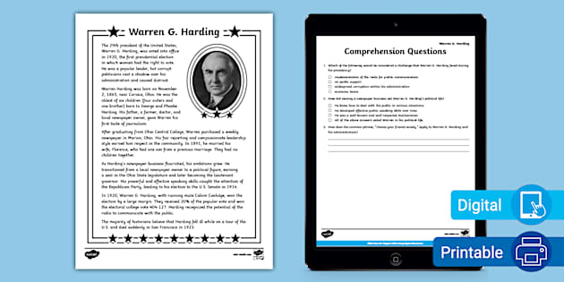 Eighth Gr Warren G. Harding Rdg Passage Comp Activity