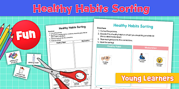 Healthy Habits Sorting Cut and Paste Worksheet Worksheet for PreK-K