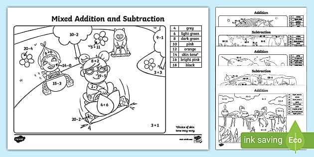Addition And Subtraction Colour By Number Worksheets