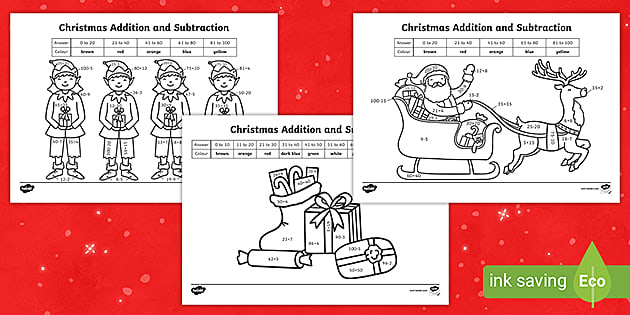 Christmas Addition and Subtraction to 100 Colour by Number