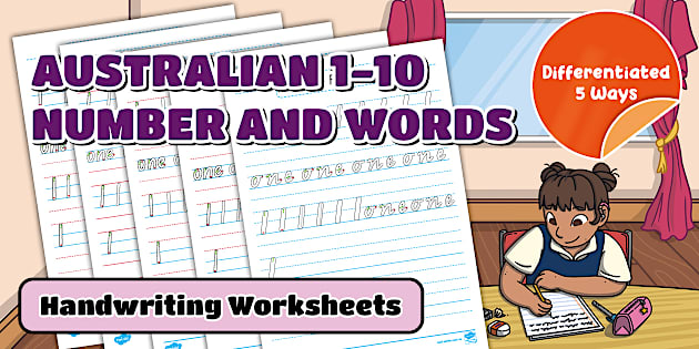 Australian 1-10 Number and Words Handwriting Worksheets