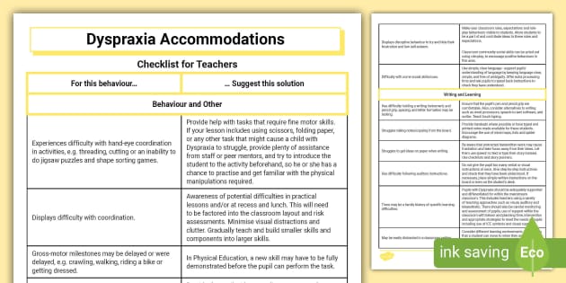 Dyspraxia Accommodations Checklist for Teachers - Twinkl