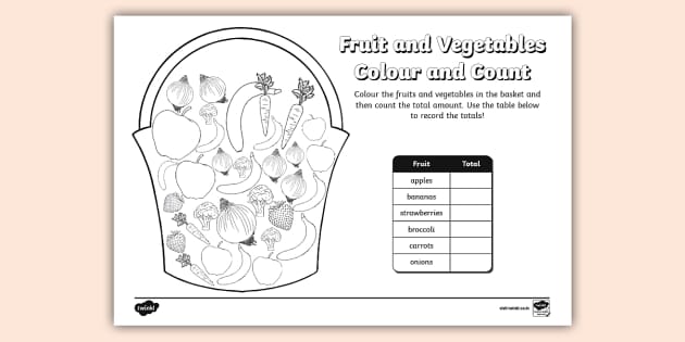 Fruits and Vegetables Colour and Count Worksheet - Twinkl