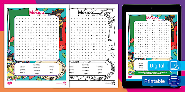 mexico word search and coloring pages