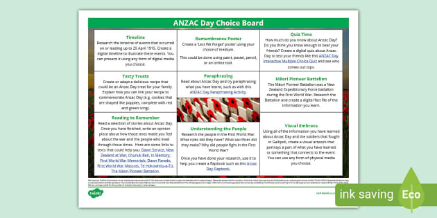 ANZAC Day Choice Board (teacher made) - Twinkl