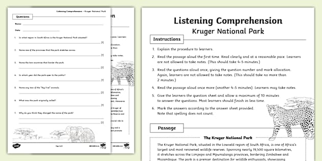 Listening Comprehension: Kruger National Park (teacher made)