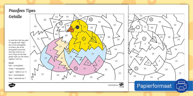 Paasfees Tipes Getalle Aktiwiteit: Inkleur volgens Getalle