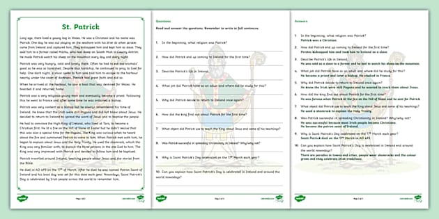 Saint Patrick Comprehension Activity Third and Fourth Class