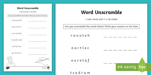 Unscramble the 7 Letter Words with 't' in the Middle Worksheet