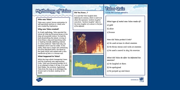 Talos Greek Mythology Fact File - Ancient Greece - Twinkl