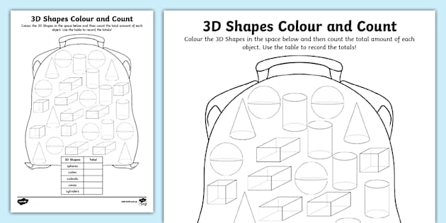 3D Shapes Colour and Count Worksheet - Twinkl