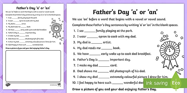 Father's Day 'a' or 'an' Worksheet (teacher made) - Twinkl