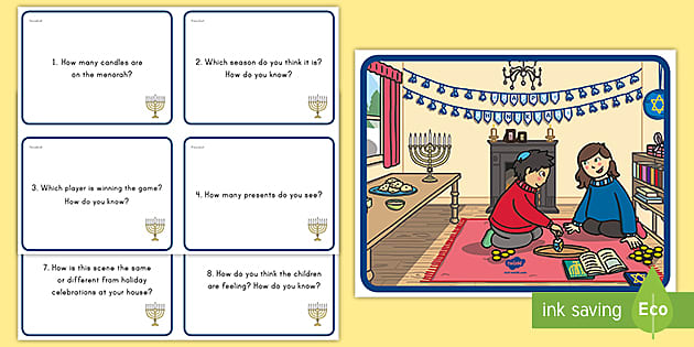 Hanukkah Scene and Question Cards (teacher made) - Twinkl