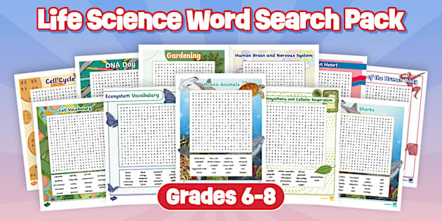 Life Science Vocabulary Word Search Pack for 6th-8th Grade