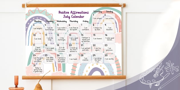 FREE! - Positive Affirmations July Calendar Muted Rainbow Poster