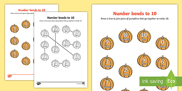 Autumn-Themed Matching Number Bonds to 10 Worksheet