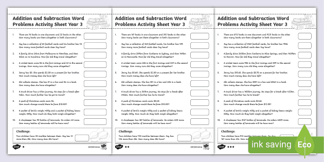 Addition and Subtraction Word Problems Worksheet: Year 3