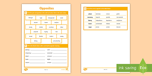 5th and 6th Class Matching Opposites Worksheet - Twinkl