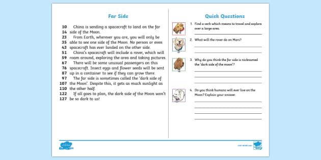 UKS2 Far Side of the Moon Daily News 60-Second Read Activity Cards