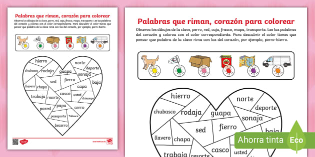 Hoja de actividad: Palabras que riman, corazón para colorear
