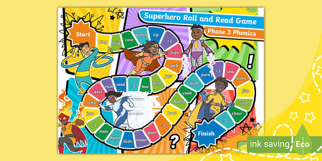 Superhero Roll and Read: Phase 3 Phonics Game (teacher made) Superhero Roll and Read: Phase 3 Phonics Game (teacher made)