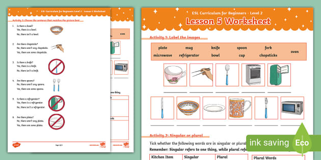 ESL Curriculum Level 2, Lesson 5 Worksheet (teacher made)